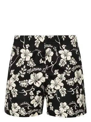 MARINE SERRE Hawaian-print Elasticated Swim Shorts - Black