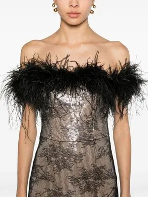 NISSA Lace-overlay Feather-trim Gown