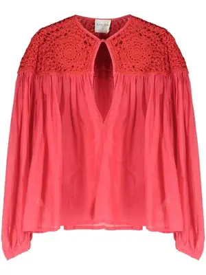 FORTE_FORTE Crochet Panel Long Sleeve Blouse