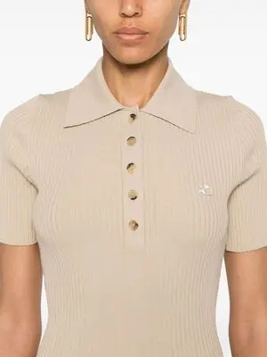 COURREGES Logo-patch Ribbed Polo Top - Neutrals