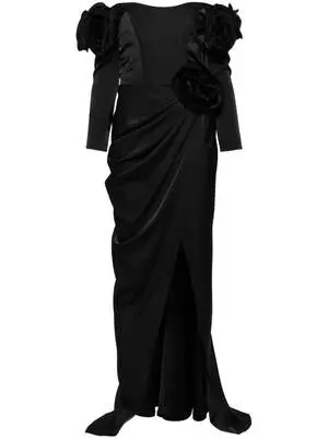 ANA RADU Floral-appliqué Satin Gown - Black