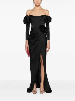 ANA RADU Floral-appliqué Satin Gown - Black