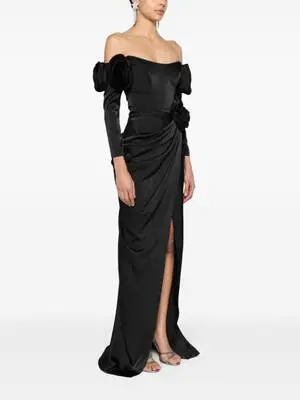 ANA RADU Floral-appliqué Satin Gown - Black