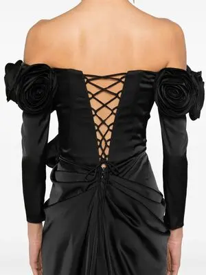 ANA RADU Floral-appliqué Satin Gown - Black