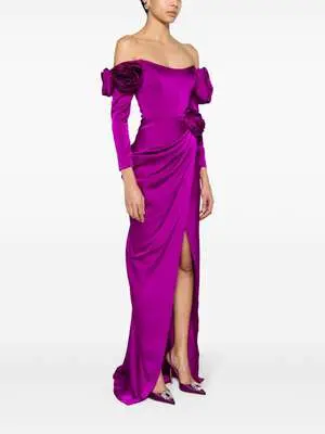 ANA RADU Floral-appliqué Satin Gown - Purple