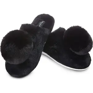 MEMOI Gloria Faux Fur Pom Slipper - Black