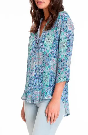 APNY Print Mandarin Collar Chiffon Button-up Top - Blue Multi