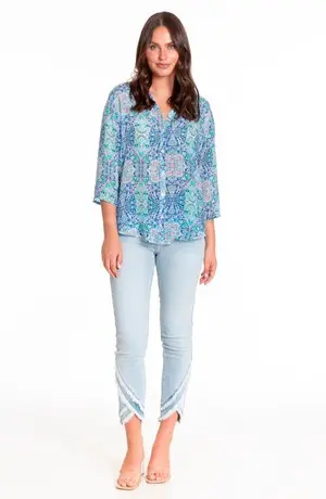APNY Print Mandarin Collar Chiffon Button-up Top - Blue Multi