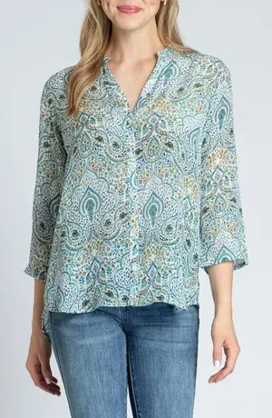 APNY Print Mandarin Collar Chiffon Button-up Top - Green Multi