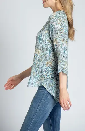 APNY Print Mandarin Collar Chiffon Button-up Top - Green Multi