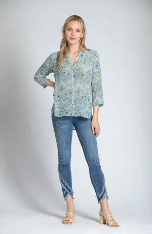 APNY Print Mandarin Collar Chiffon Button-up Top - Green Multi
