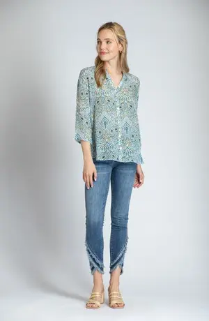 APNY Print Mandarin Collar Chiffon Button-up Top - Green Multi