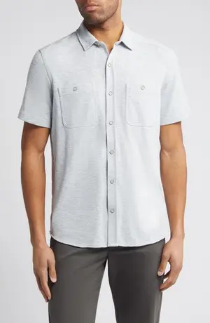 Johnston & Murphy Short Sleeve Slub Knit Button-up Shirt - Gray