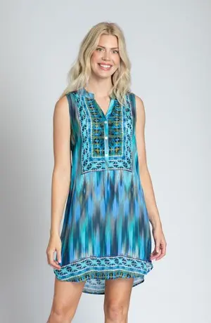 APNY Print Sleeveless Chiffon Shift Dress - Blue Multi