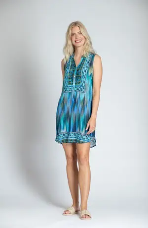 APNY Print Sleeveless Chiffon Shift Dress - Blue Multi