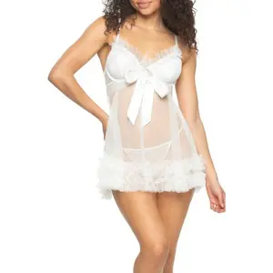 BLACK BOW Veil Babydoll Chemise & G-string - Cloud Dancer