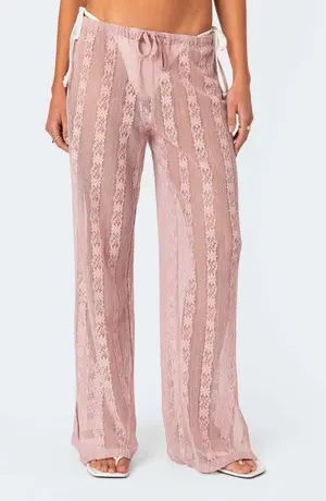 EDIKTED Emboidered Sheer Cotton Blend Lace Drawstring Cover-up Pants - Pink