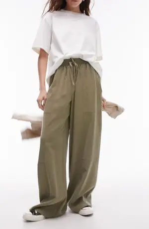 Topshop Wide Leg Drawstring Pants - Khaki Green