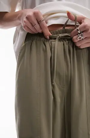 Topshop Wide Leg Drawstring Pants - Khaki Green