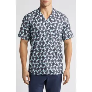 Johnston & Murphy Leaf Print Cotton And Modal Camp Shirt - Blue