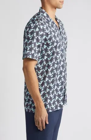 Johnston & Murphy Leaf Print Cotton And Modal Camp Shirt - Blue