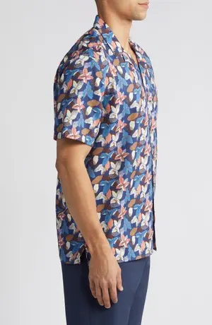 Johnston & Murphy Abstract Floral Cotton And Modal Camp Shirt - Navy