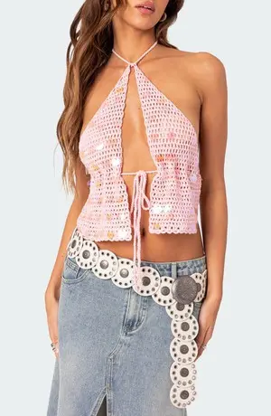 EDIKTED Backless Paillette Crochet Halter Top