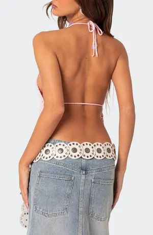 EDIKTED Backless Paillette Crochet Halter Top