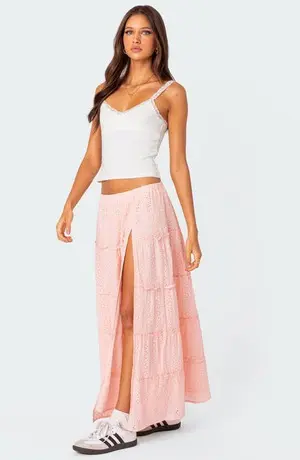 EDIKTED Tiered Cotton Eyelet Maxi Skirt