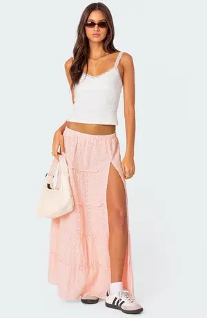 EDIKTED Tiered Cotton Eyelet Maxi Skirt