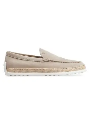 TOD'S Pantofola Leather & Raffia Loafers - Dark Stone