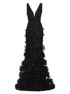 Marchesa Women's Rosette Appliqué Mermaid Gown - Black  - Black