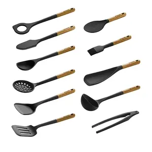 STAUB 11 Piece Silicone & Acacia Complete Utensil Set - Black