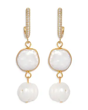 Ettika Cultured Freshwater Pearl And Zirconia Double Drop Earrings - White/gold