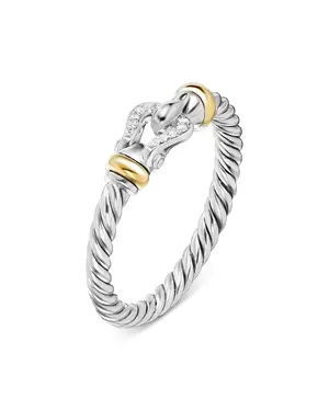 David Yurman Petite Buckle Ring In Sterling Silver, 18k Yellow Gold And Diamonds - Silver/gold
