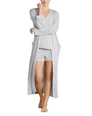 Barefoot Dreams Malibu Collection Soft Jersey Piped Robe - Heathered Gray/white