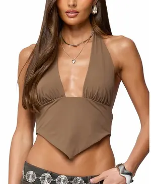 EDIKTED Open Back Halter Top - Brown