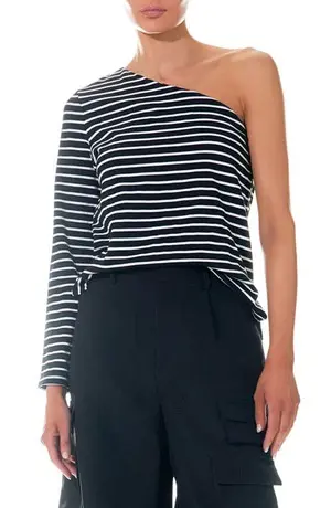 GREY LAB Stripe One-shoulder Asymmetric Top - Black/white