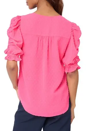 GIBSONLOOK Clip Dot Ruched Sleeve Chiffon Top