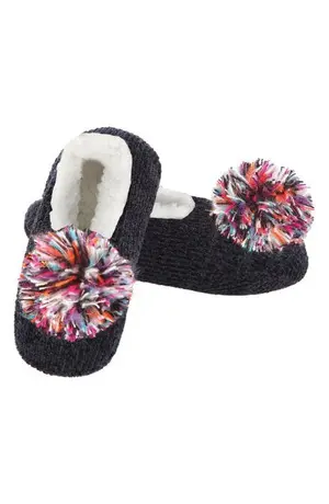 MEMOI Cuddly Pompom Chenille Slipper Socks - Black
