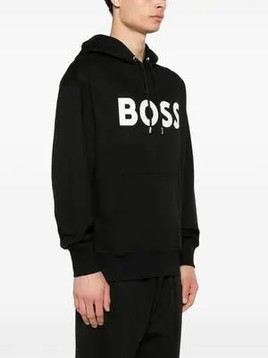 BOSS Logo Print Cotton Hoodie - Black