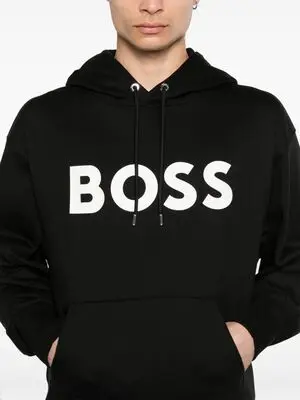 BOSS Logo Print Cotton Hoodie - Black