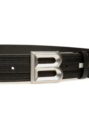 Bally B-logo Striped Leather Belt - Black