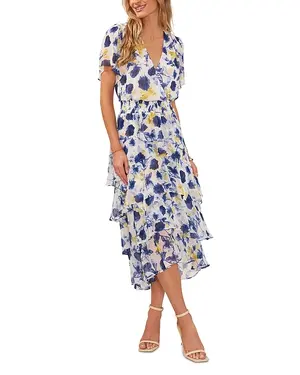 Vince Camuto Floral Print Flutter Sleeve Tiered Ruffle Midi Dress - Ultra White