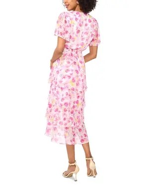 Vince Camuto Floral Print Flutter Sleeve Tiered Ruffle Midi Dress - Violet Blush