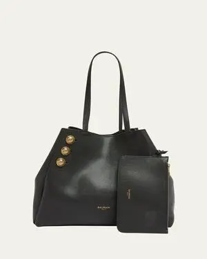 Balmain Balmain Embleme Grained Leather Shopper Tote Bag - Noir