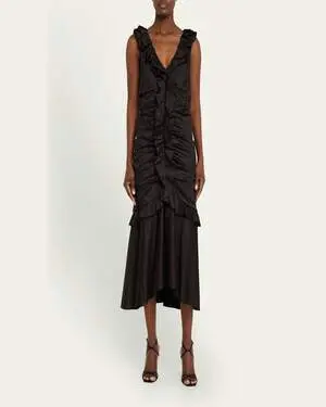 Carolina Herrera Ruched Ruffle Trumpet Midi Dress