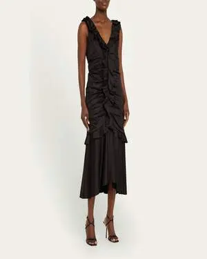 Carolina Herrera Ruched Ruffle Trumpet Midi Dress