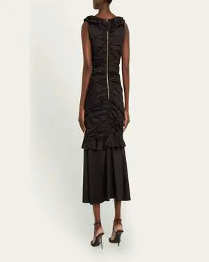 Carolina Herrera Ruched Ruffle Trumpet Midi Dress