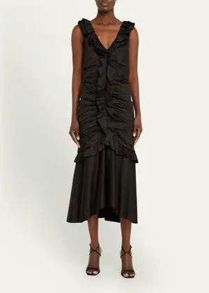 Carolina Herrera Ruched Ruffle Trumpet Midi Dress